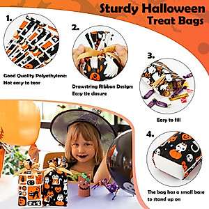 Shintop Halloween Goodie Bags Drawstring, 50PCS Small Treat Candy Bags Reusable Plastic Gift Bags Party Favors Supplies for Trick or Treat Sweets Cookies (Ghosts, Black Cats, Pumpkins)