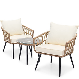 MoNiBloom 3 Piece Patio Conversation Bistro Set, Outdoor All-Weather Wicker Furniture Rattan High Back 2 Chair and Side Table for Porch Backyard Garden, Capacity 250 lbs, Natural