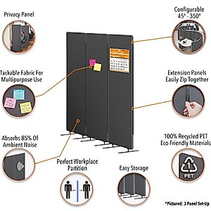 Stand Steady ZipPanels Office Partition | Room Dividers | Three Zip Together Panels Provide Privacy and Reduce Ambient Noise in Workspace, Classroom and Healthcare (Dark Gray)