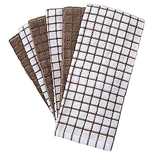 Kitchen Towels 16"x 28" | Dish Towels | Kitchen Hand Towels | Large Dishcloths Set | Highly Absorbent Tea Towel, Soft with Hanging Loop | Natural Ring Spun Cotton, 380 GSM | Tan Check Design - 6 Pack