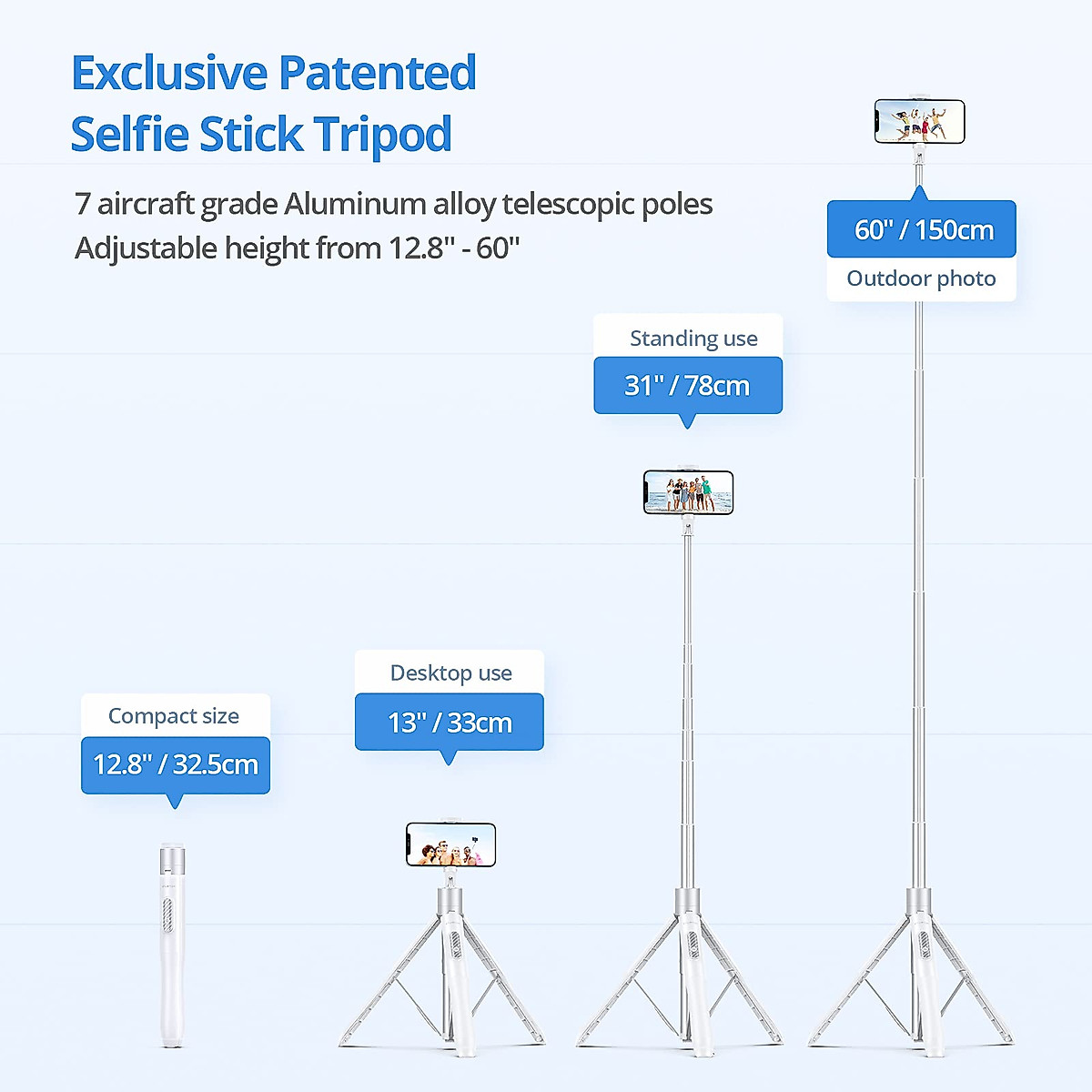 ATUMTEK 60" Selfie Stick Tripod, All in One Extendable Phone Tripod Stand with Bluetooth Remote 360° Rotation for iPhone and Android Phone Selfies, Video Recording, Vlogging, Live Streaming, White