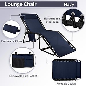 Lavish Home Lounge Chair Outdoor Furniture - 3 Position Adjustable Beach Chair - Folding Chair with Pocket and Pillow - Patio Furniture (Navy)