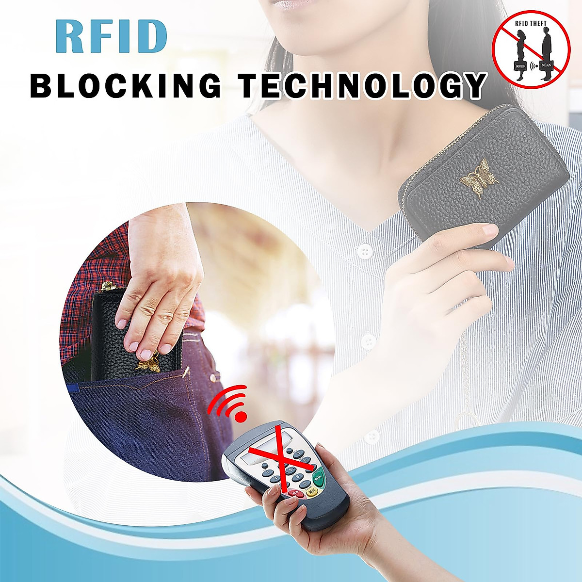 imeetu RFID Credit Card Holder for Women Small Leather Zipper Card Case Wallet with Removable Keychain (Black)