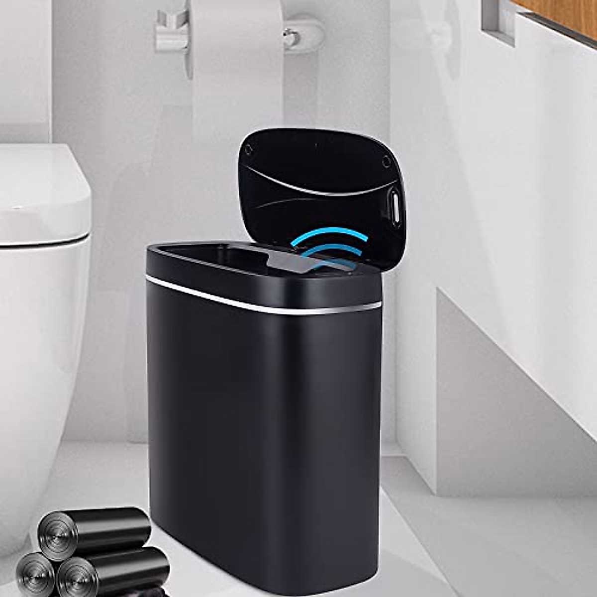 2023 Upgraded Bathroom Trash Can with Lid 3.5 Gal, Self-Sealing Auto Motion Sensor Touchless Trash Bin, Small Smart Slim Garbage Wastebasket for Toilet, Office, Rv, Bedroom, Livingroom (Black 3.1gal)