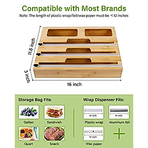 KOCWELL Bag Storage Organizer and Plastic Wrap Dispenser with Cutters, 2 Foil and Plastic Wrap Organizer, 4 Ziplock Bag Holder for Gallon, Quart, Sandwich Snack Variety Size Bags, Bamboo