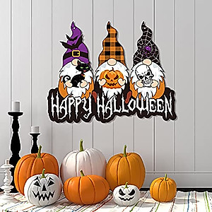 Amyhill Halloween Gnomes Sign Pumpkin Bat Gnome Wooden Plaque with String Lights Happy Halloween Wooden Door Wall Sign with Rope for Yard Indoor Outdoor Garden Decoration, 11.8 x 9.3 Inch