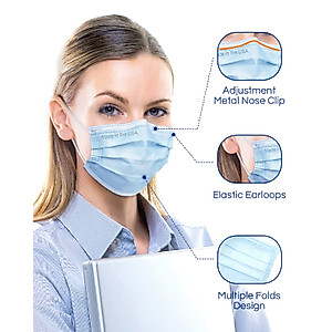 MAVINA Adult Face Masks Disposable Made in USA, 3 Ply Face Mask Breathable ASTM Level 2 Disposable Face Masks for Adults Women Men, Blue Facemask 50 Pack