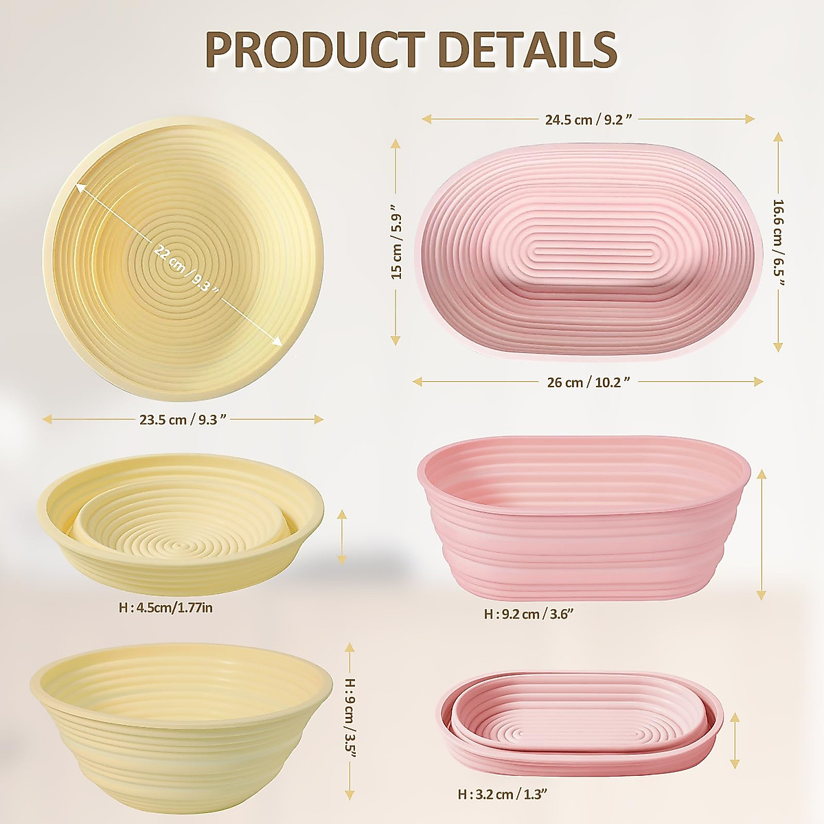 YCQQPRO Silicone Banneton Bread Proofing Basket for Sourdough, 9" & 10" Sourdough Bread Baking Supplies, Sourdough Starter Kit, Bread Making Supplies Tools, Bread Baskets Set (Round & Oval)