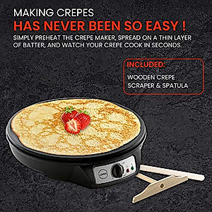 Lumme Crepe Maker - Nonstick 12-inch Breakfast Griddle Hot Plate Cooktop with Adjustable Temperature Control and LED Indicator Light, Includes Wooden Spatula and Batter Spreader.