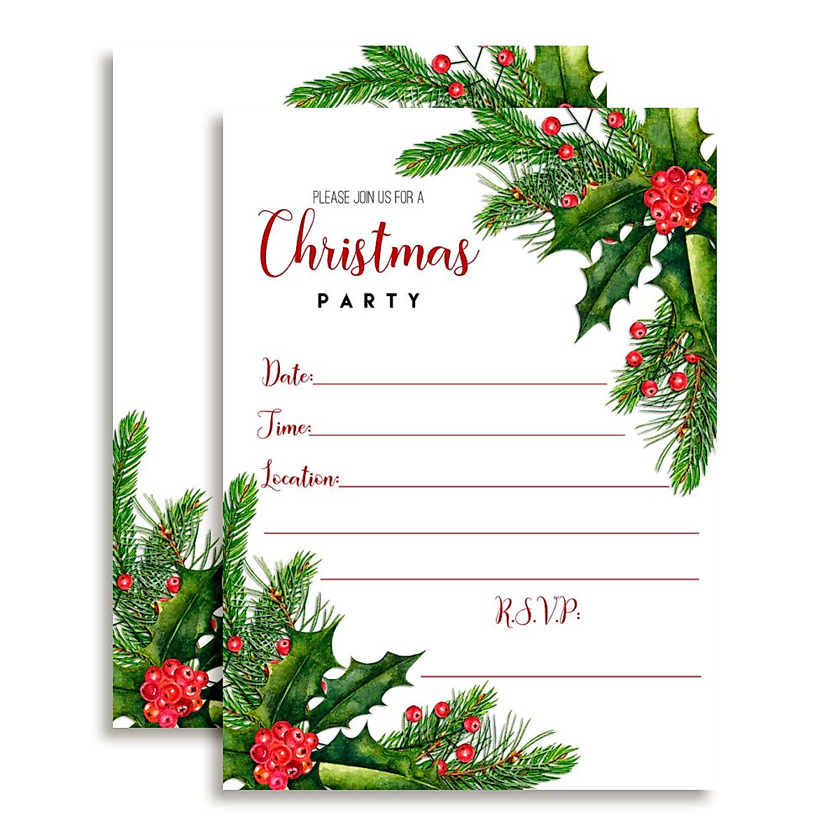 Watercolor Holly and Pine Christmas Holiday Party Invitations, 20 5"x7" Fill In Cards with Twenty White Envelopes by AmandaCreation