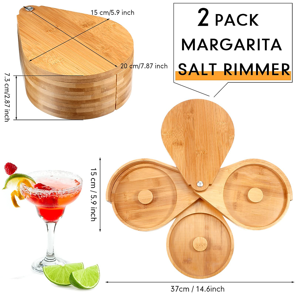 2 Pack Margarita Salt Rimmer Set 3 Tier Bar Glass Rimmers Salt Bamboo Salt Sugar Lime Juice Rimming Tray for Drinks Cocktail Rimmer Dish Bartender Tools for Bar Party Accessories