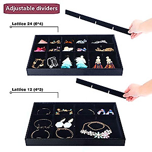 Mebbay Stackable Velvet Jewelry Trays Organizer, Jewelry Storage Display Trays with Full Artificial Leather Cover for Drawer, Earring Necklace Bracelet Ring Organizer, Set of 3 (Black)