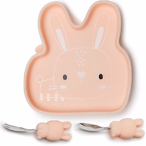 Loulou Lollipop Toddler Silicone Suction Snack Plate, Learning Fork and Spoon Set (Bunny)