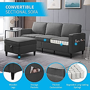 Horgaeo Convertible Sectional Sofa Couch, 3-Seat L-Shaped Couch with Storage Ottoman, Wooden Legs Modern Linen Fabric Reversible Chaise for Living Room, Bedroom, Apartment (Dark Grey) 78''