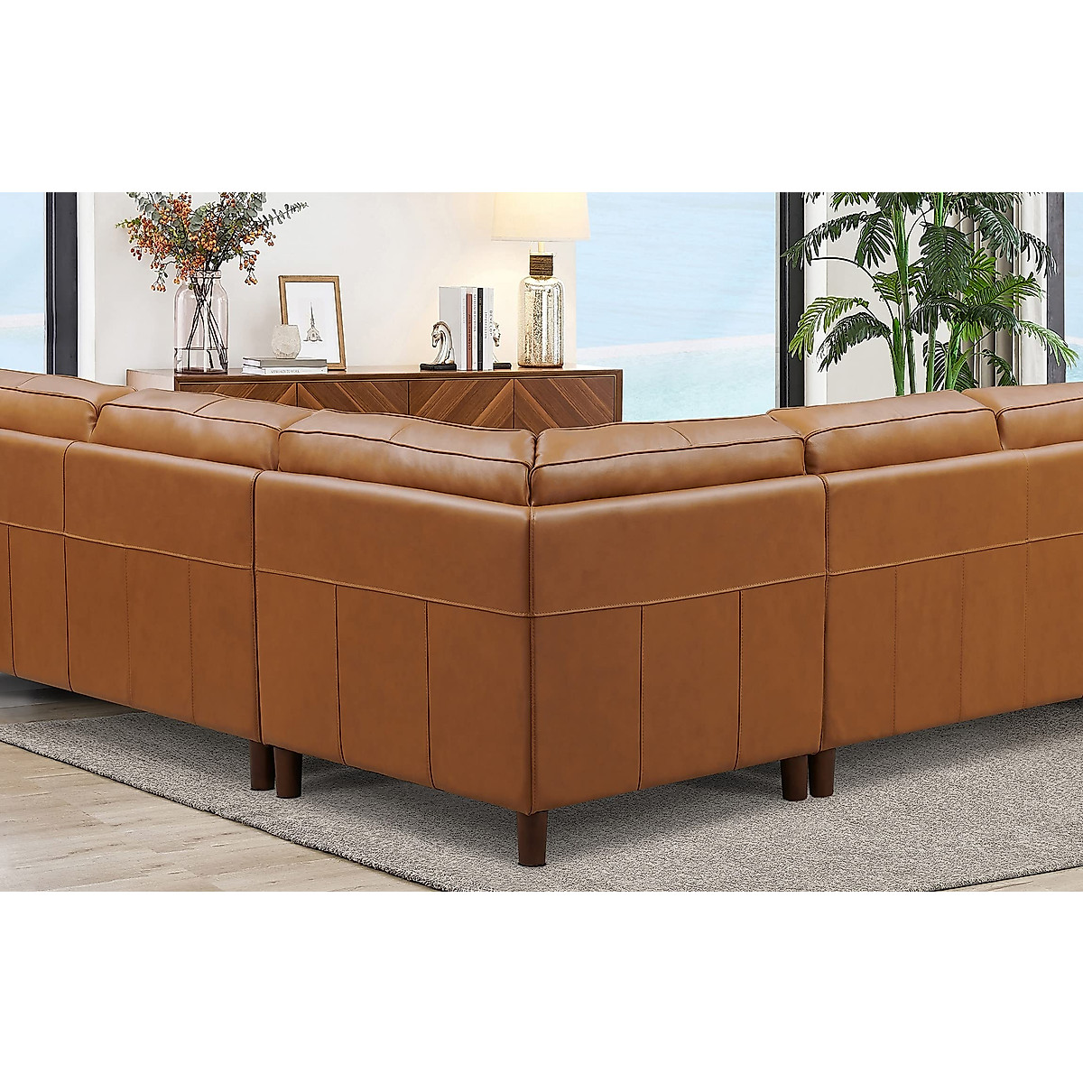 Hydeline Bella Top Grain Leather Sectional (L-Shape, Cognac), Feather Down, Memory Foam and Springs Seating