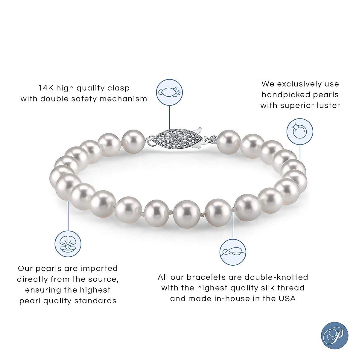 The Pearl Source 14K Gold 6-6.5mm AAA Quality Round White Japanese Akoya Saltwater Cultured Pearl Bracelet for Women