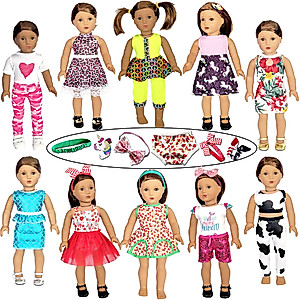 HOAKWA 18 inch Doll Clothes and Accessories fit American 18'' Dolls - Including 10 Complete Set of 18 inch American Doll Clothes Outfits Dress with Unicorn Hair Clips, Hair Bands, Underwear