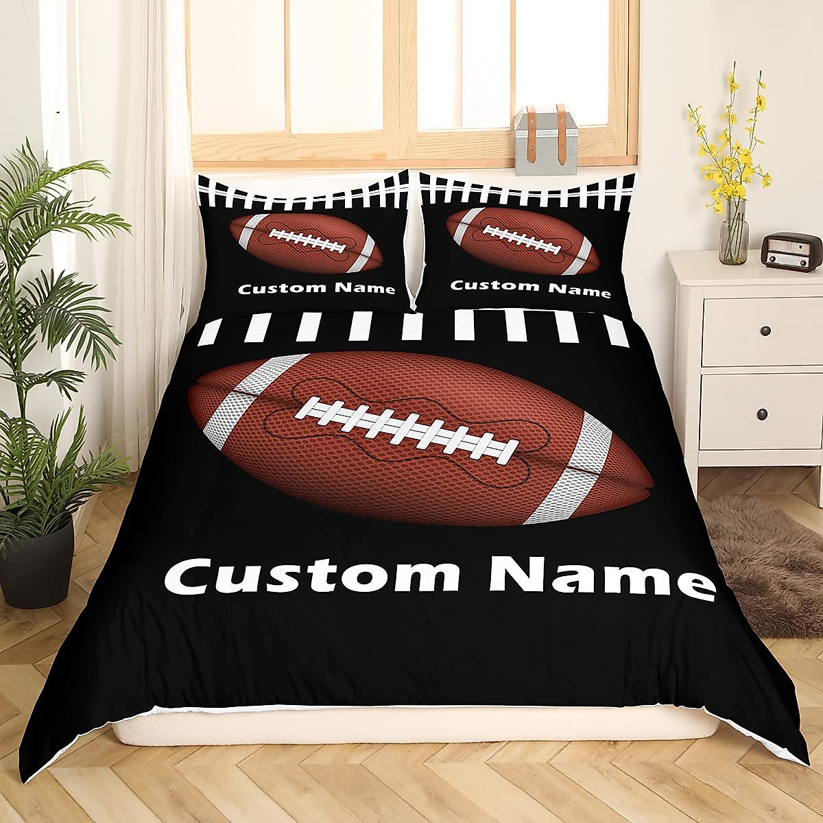 Erosebridal Personalized Customize Name Bedding Sets for Boys Full Size American Football Bedding Customize Name for Toddler Girls Teens Sports Games Fans Duvet Cover Geometry Stripe Comforter