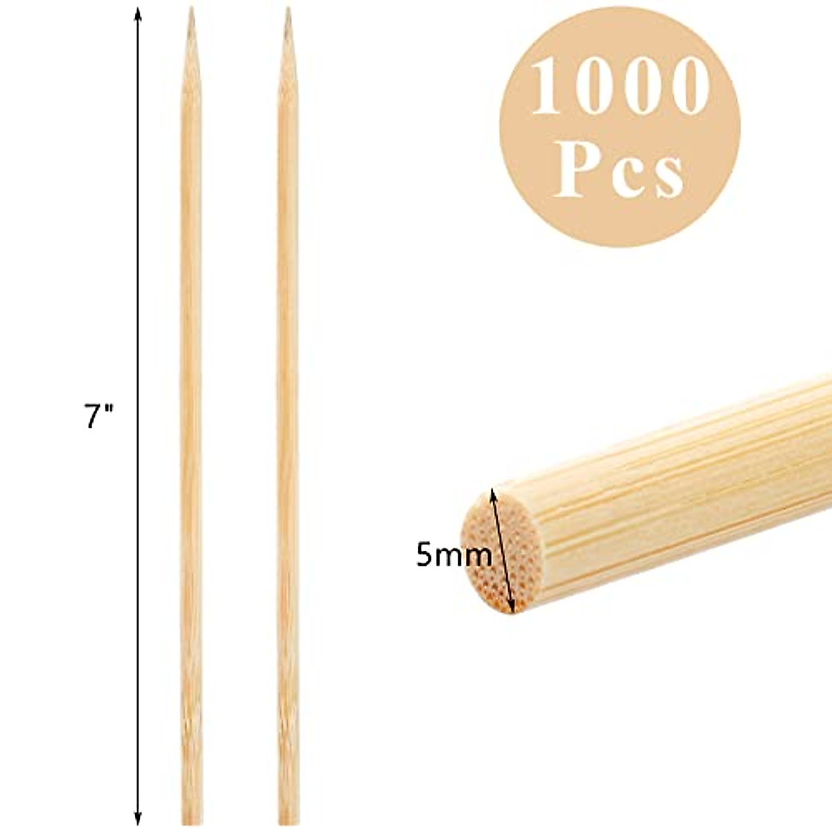 Frcctre 1000 Pack Natural Bamboo Skewers, 7 Inch 5mm Thick Bamboo Sticks Caramel Candy Apple Sticks, Pointed Bamboo Sticks for BBQ Corn Dog Lollipop Fruit Kabob