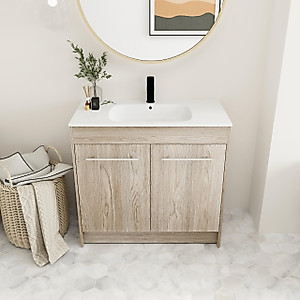 QuixotYDDZ 36" Bathroom Vanity with Sink, Freestanding Bathroom Sink Vanity with White Gel Basin Sink Top, Bathroom Storage Cabinet with 1 Adjustable Shelf for Small Space, White Oak