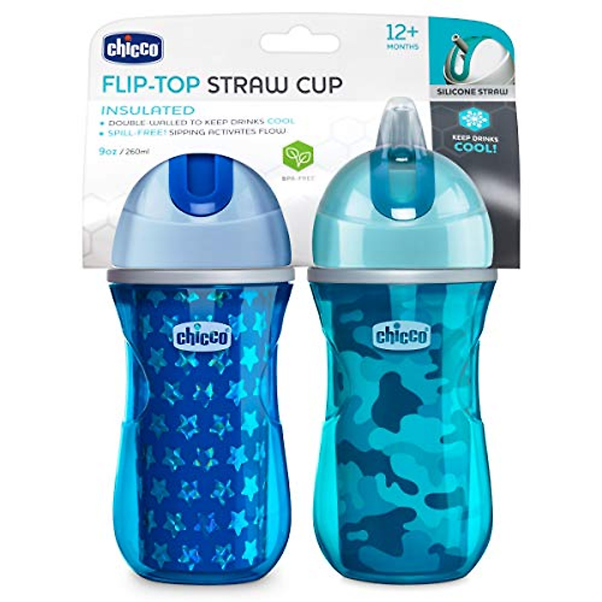 Chicco Insulated Flip-Top Straw Spill Free Baby Sippy Cup, 12 Months+, Blue/Teal, 9 Ounce (Pack of 2)
