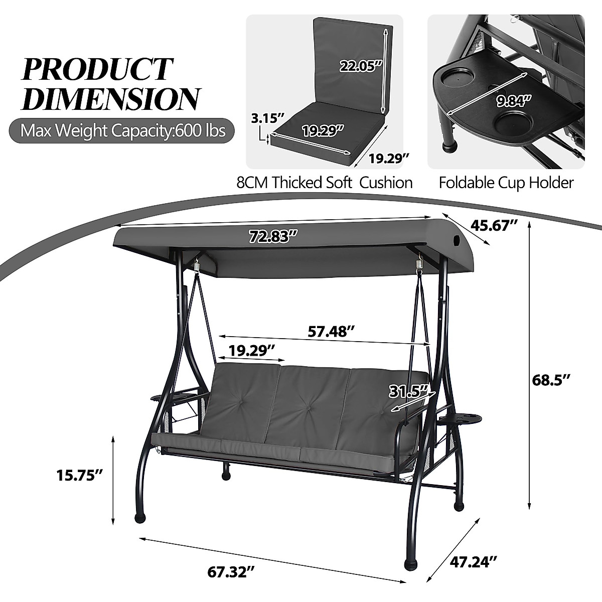 GARTOO 3-Seat Outdoor Large Porch Swing with Converting Canopy, Patio Hammock Lounge Swing Chair for Porch, Backyard, Poolside, Adjustable Shade & Removable Cushions(Gray)