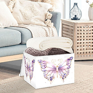 DALAWU Containers Baskets with Lids Purple Butterfly Fabric Foldable Storage Bins Organizer with Lid Collapsible Storage Boxes for Home Bedroom Closet Office