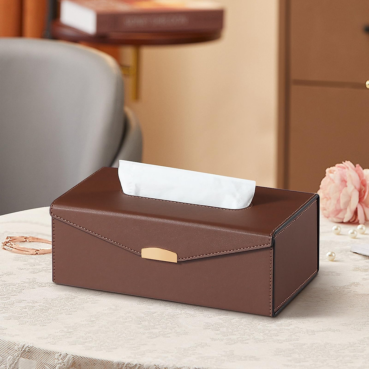 MEIBOOCH Foldable Tissue Box Cover Rectangular Leather Tissue Box Holder with Magnetic Closure (3.6 inches high, Brown)
