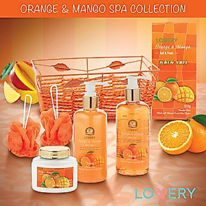 Birthday Gift Basket, Home Spa Gift Basket - Orange & Mango Fragrance - 7pc Bath & Body Set For Women & Men, Contains Shower Gel, Bubble Bath, Body Lotion, Bath Salt, 2 Bath Poufs & Handmade Basket