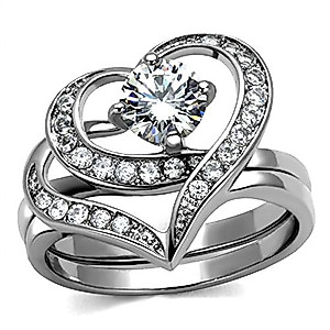 Marimor Jewelry Women's 1.2 Carat Round Cut Cubic Zirconia 2 Piece Heart Shape Stainless Steel Wedding Ring Set Size 10