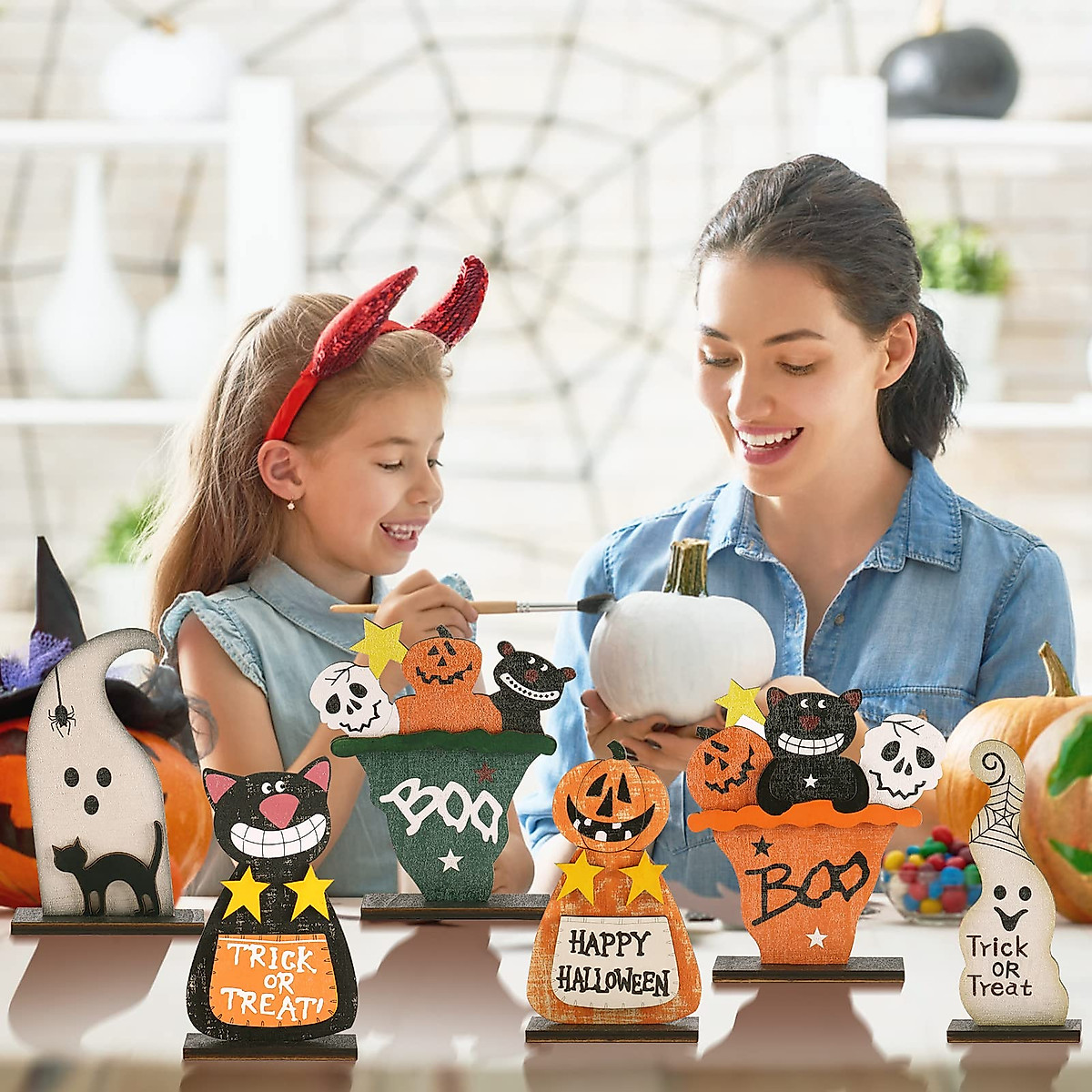 SY Super Bang Wooden Halloween Table Top Decorations - 6PCS Retro Halloween Decor Including Black Cat/Pumpkin Monster/Ghost/Skull Crafts, for Home Farmhouse Holiday Indoor, Rustic