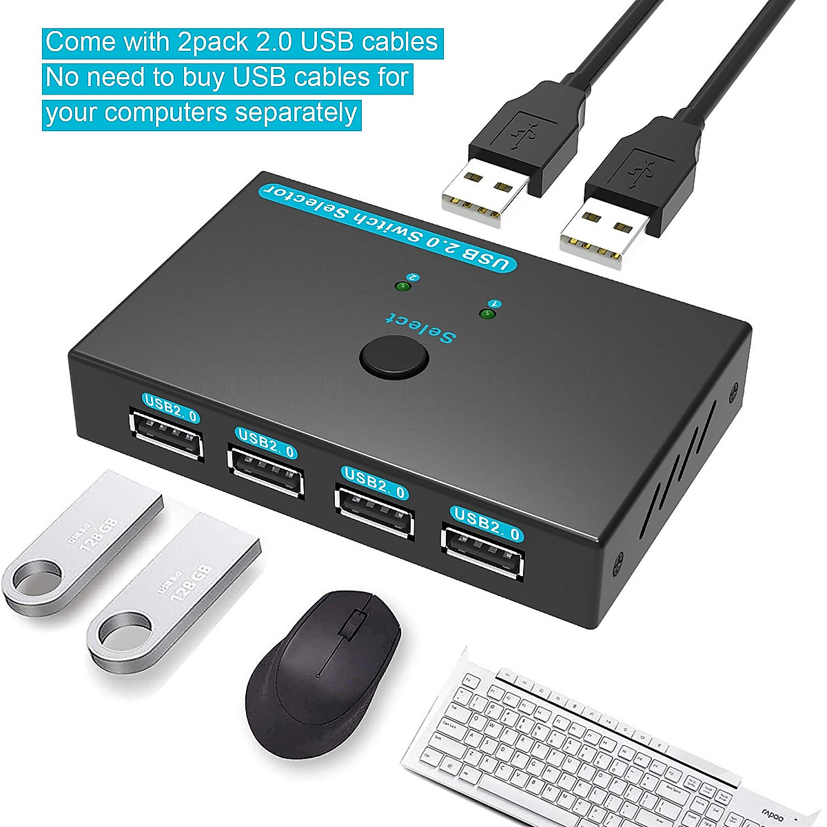 SGEYR Metal USB Switch 2 Computers Sharing 4 USB Devices USB 2.0 Switcher Box, USB Peripheral Switch Adapter, for Printer, Mouse, Scanner, PCs with One-Button Swapping and 2 Pack USB A to A Cable