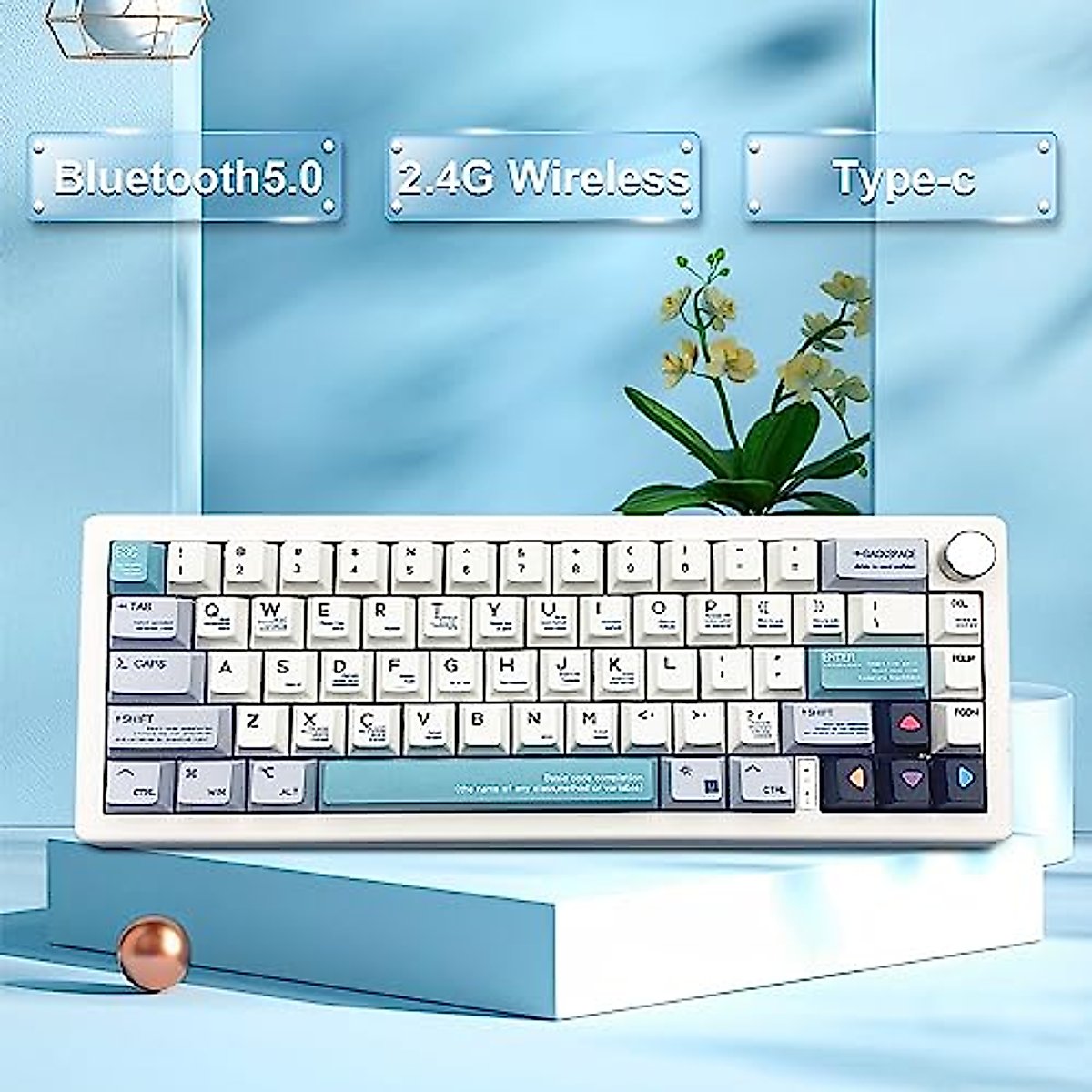 BOYI GMK67-65% Barebones Keyboard Kit,Hot Swap BT5.0/2.4G/Type-C Tri-Mode Wireless RGB Mechanical Keyboard PCB Mounting Kit with Silicone Pad,South-Facing LEDs Customized Keyboard Kit(White+Knob)