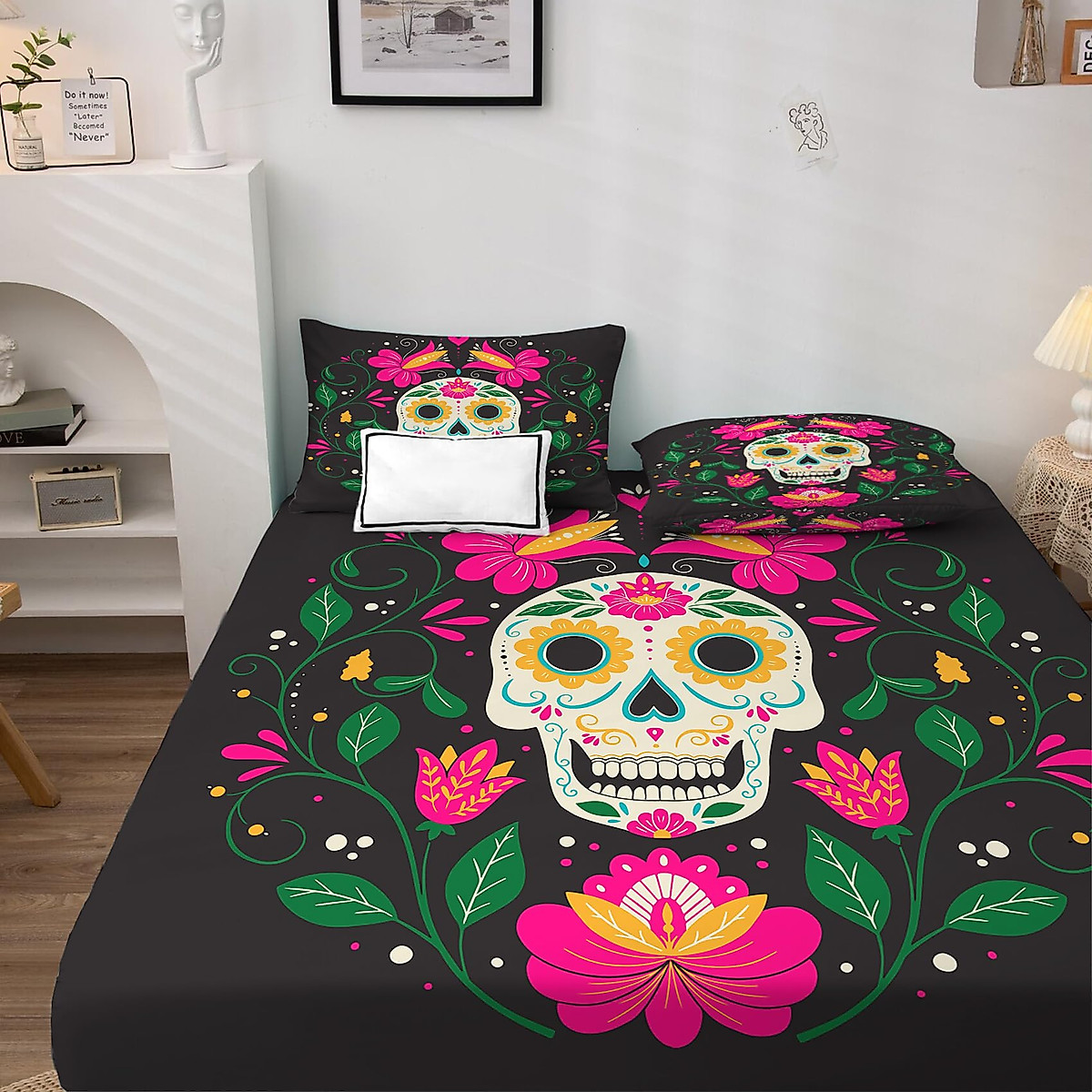 Sugar Skull Sheets Twin Size, Day of The Dead Bed Sheets, Patterned Bedding Sheets & Pillowcases 3 Piece Set - Soft Microfiber Deep Pocket Fitted Sheet & Flat Sheet & Pillow Case Z3-&-210
