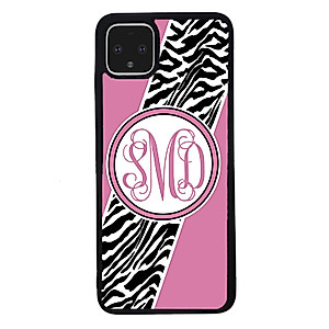 Zebra Animal Skin Pink Script Monogram Black Rubber Phone Case Compatible With Google Pixel 8 Pro, 8a, 8, 7a, 7, Pixel 7 Pro, 6a, Pixel 6 Pro, 6, 5, 4a 5G, 4a 4G, 4, 4 XL, 3a, 3a XL, 3, 3 XL, 2