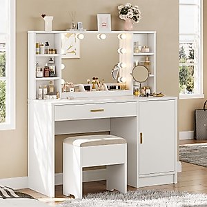 Vanity Desk with Mirror and Lights, 43'' Tabletop Makeup Vanity with Multiple Shelves & Large Cabinet, 3 Color Lighting Modes Adjustable Brightness, Makeup Table with Soft Cushioned Stool, White