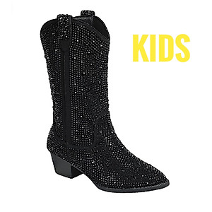 Forever Girls/Kids Rhinestone Western Cowgirl Cowboy Pointed Toe Low Heel Boots River-11K Black 2