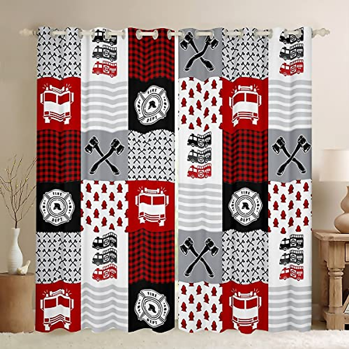 5Pcs Red Fire Truck Car Duvet Cover Set Queen Size & Curtain Set: 1 Duvet Cover + 2 Pillowcase + 2 Panels of 42 W x 63 L inch Each