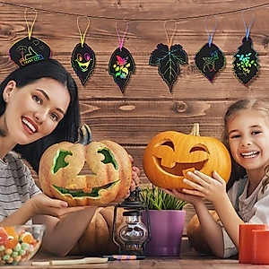 MEETANG 48pcs Scratch Art for Kids Fall Crafts Kits Thanksgiving Create Rainbow Paper Magic Off Supplies with Wood Styluses Ribbons Party Favor, Rinbow, universal