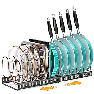MUDEELA Expandable Pots and Pans Organizer Rack under Cabinet, Pots Lid Organizer Rack for Kitchen Cabinet Organizers and Storage with 12 Adjustable Dividers and Anti-scratch Strip