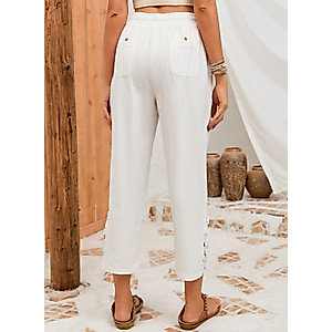 Acelitt Women Casual Linen Pants Lightweight Drawstring Elastic Waist Fall Fashion 2025 Beach Capri Pants Trousers White Large
