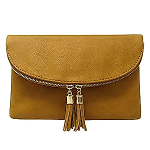 Solene Women's Envelop Clutch Crossbody Bag With Tassels Accent (WU075-Mustard)