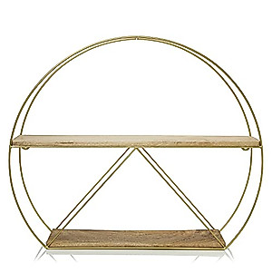 kimisty Gold Round Wall Shelves, Large Circular Floating Shelf for Bathroom, Living Room, Kitchen and Bedroom, Brass Geometric Wall Decor, Metal Sconce Shelf with Mango Wood, Boho Accent Display