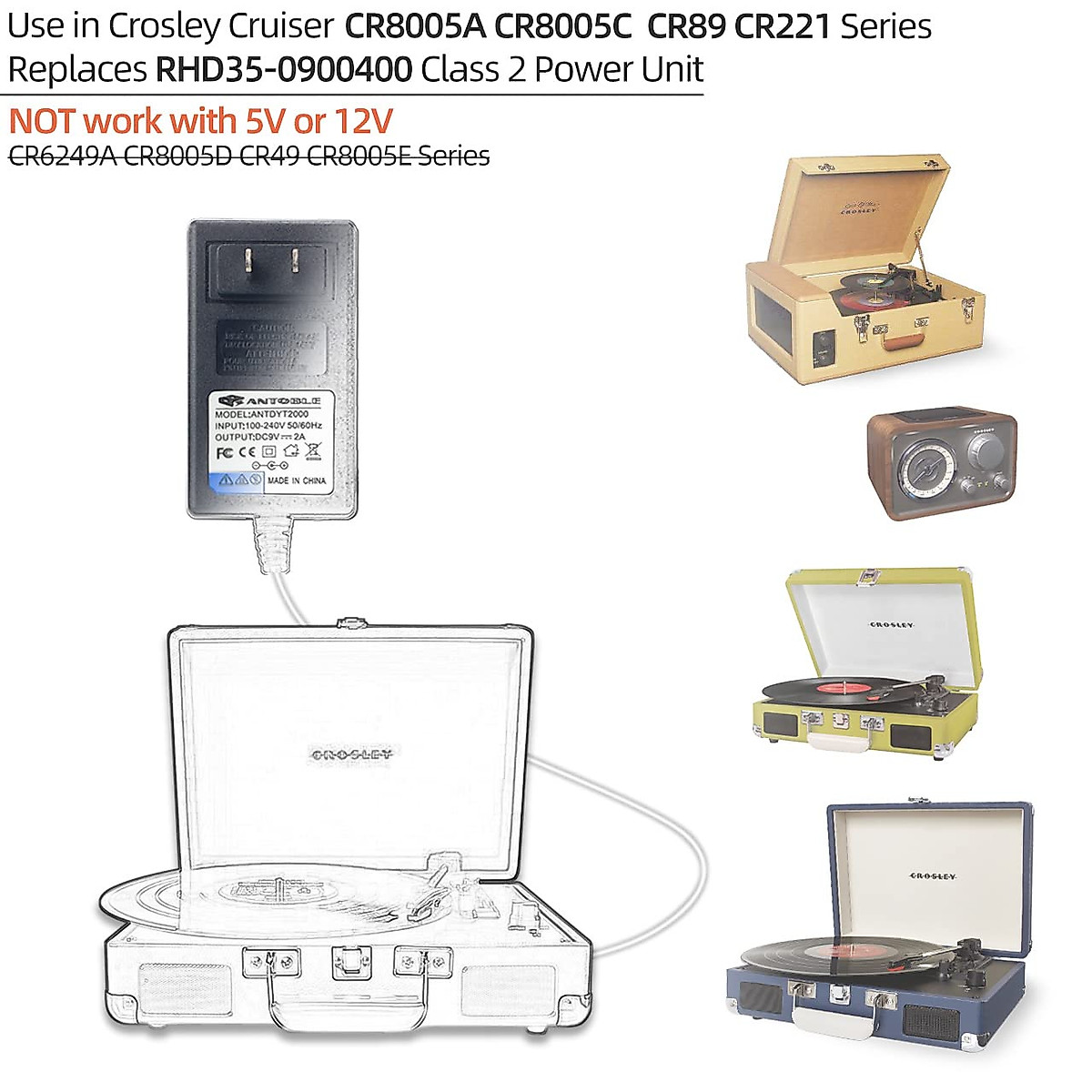 ANTOBLE Adapter Power Cord for Crosley Cruiser Portable Turntable Record Player CR8005A CR8005A-BK CR8005A-TU CR8005C CR89 CR221 Replaces RHD35-0900400 Class 2 AC Charger 9V DC Power Supply 6.5ft Cord