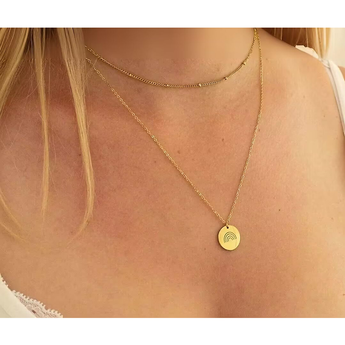 Fremttly Rainbow Initial Necklaces, 14K Gold Plated Disc Coin Letter Necklace Hand Stamped Rainbow Bridge Pendant Charm Necklaces for Women Girls NK-Rainbow