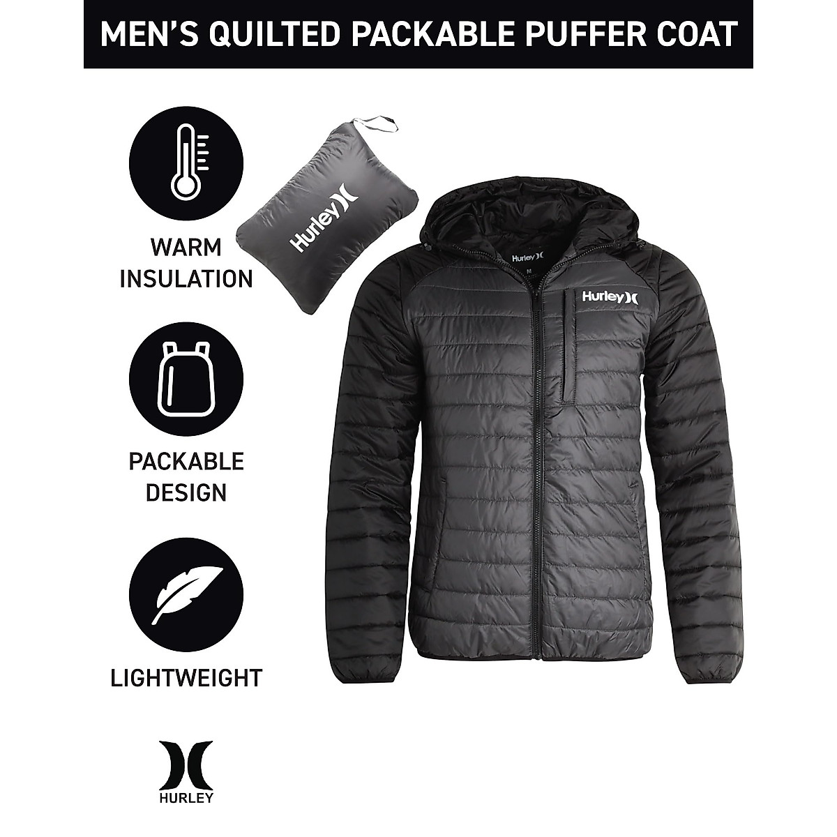 Hurley Men's Jacket - Balsam Lightweight Packable Puffer Coat - Weather Resistant Outerwear Windbreaker Coat for Men (M-XL), Size Medium, Grey Black