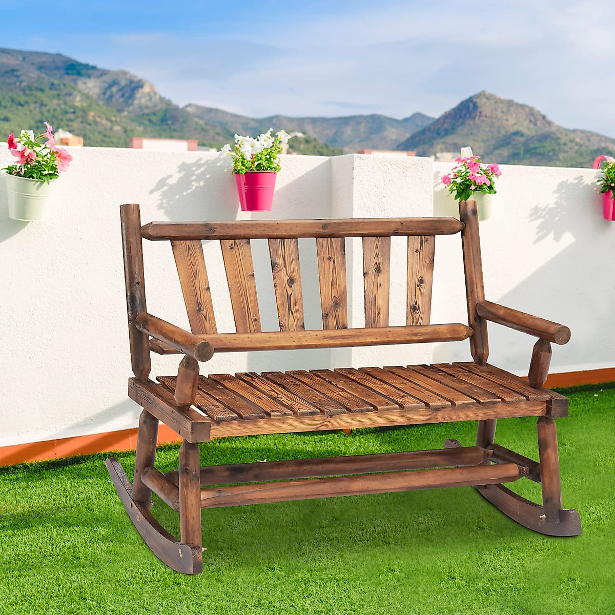 FURNDOOR Outdoor Wooden Rocking Double Chair, Rustic Log Porch Rocking Bench Rocker Chair for Patio, Backyard, Garden (2-Seat), Brown