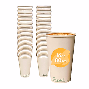 100% Compostable Disposable Coffee Cups [16oz 80 Pack] Paper Cups Made from Bamboo, Eco-Friendly, Biodegradable Premium Party Cups, Natural Unbleached by Earth's Natural Alternative