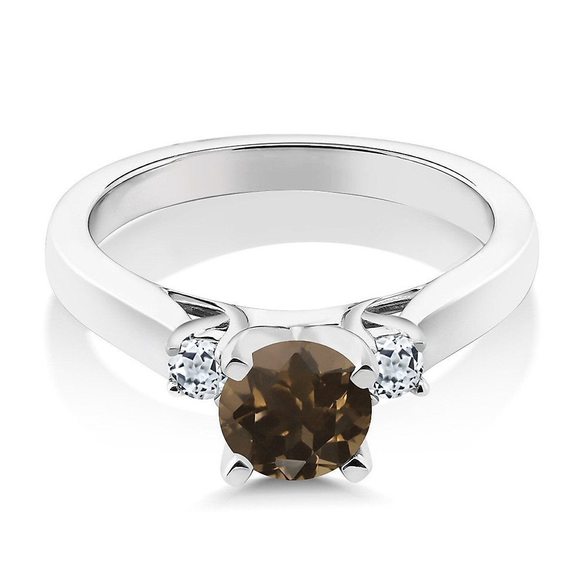 Gem Stone King 925 Sterling Silver Brown Smoky Quartz and White Topaz 3-Stone Engagement Ring For Women (1.08 Cttw, Round 6MM, Gemstone Birthstone, Size 7)