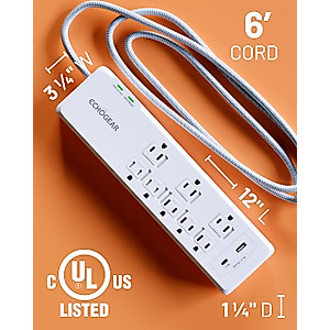ECHOGEAR PowerBlitz Surge Protector Power Strip with USB-A & USB-C Ports - Low Profile Design with Braided 6' Cord, Flat Plug & 2160 Joules of Multi Outlet Surge Protection - White